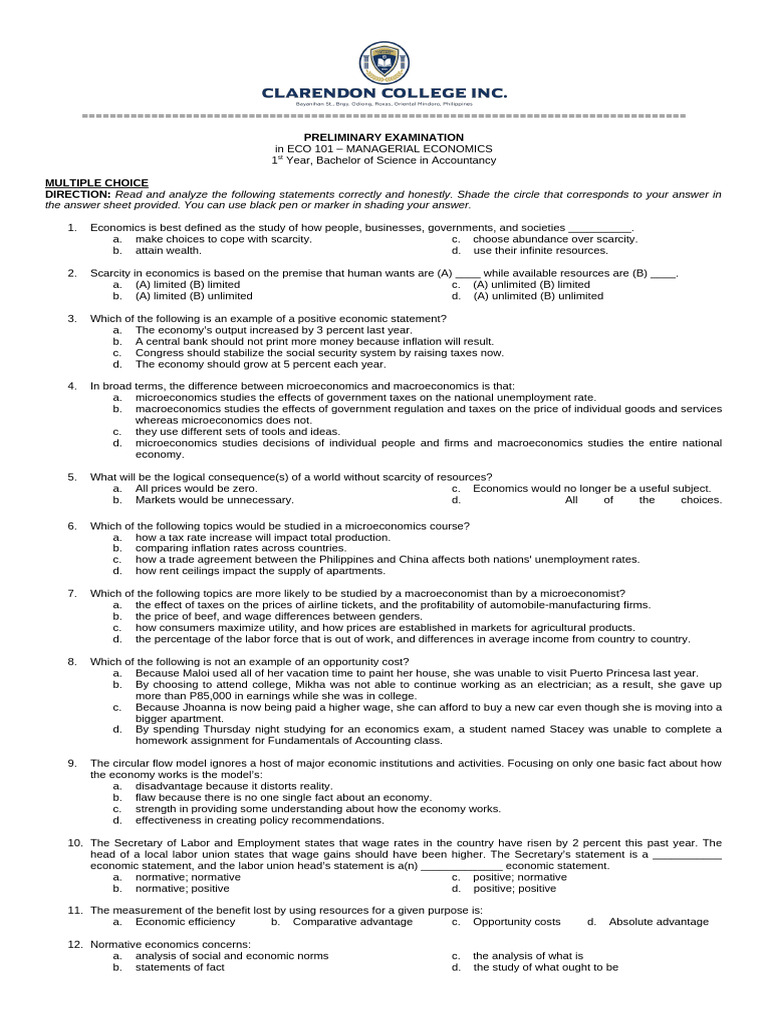 Preliminary Examination - Managerial Economics - 1-BSA-A | PDF | Demand ...