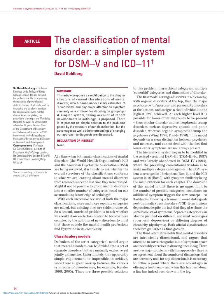 The Classification of Mental Disorder A Simpler System For DSMV and ...
