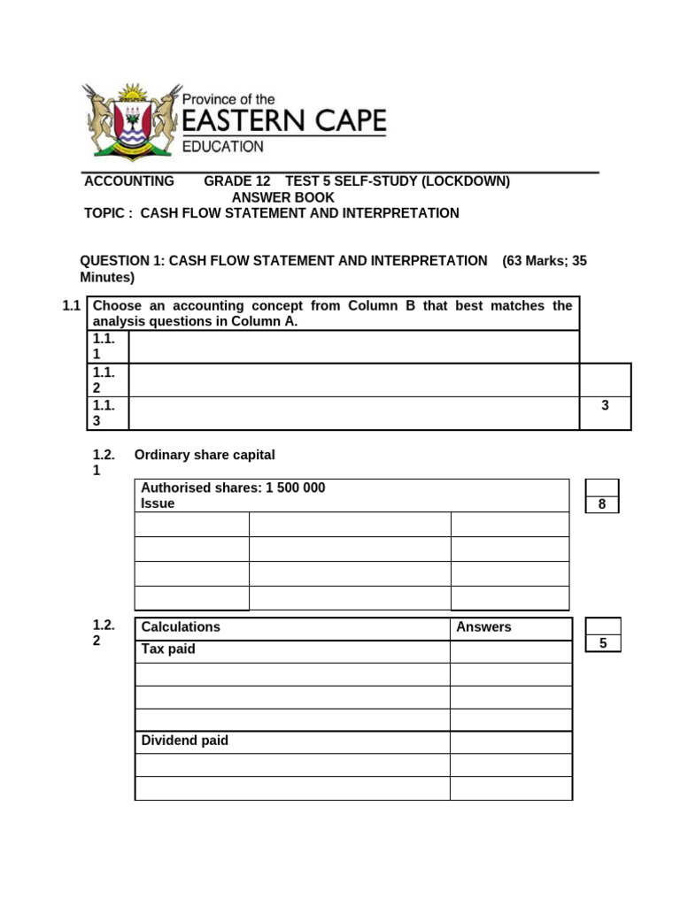 Grade 12 Cash Flow Statement Test Guide | PDF | Cash Flow Statement ...