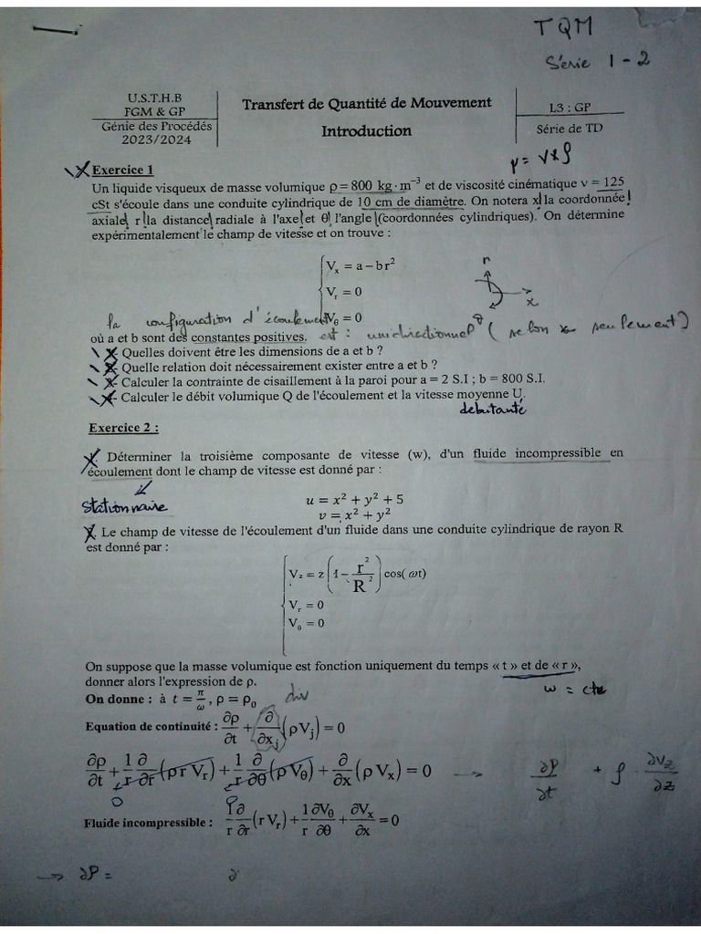 TD1+Solution Transfert de Quantité de Mouvement | PDF