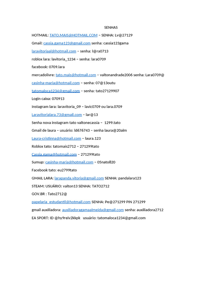 Lista de Senhas de Contas Online | PDF