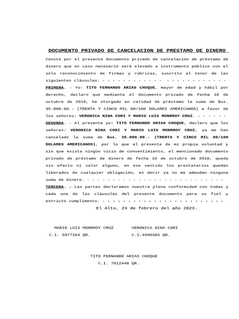 Cancelacion de Prestamo Veronica Nica | PDF