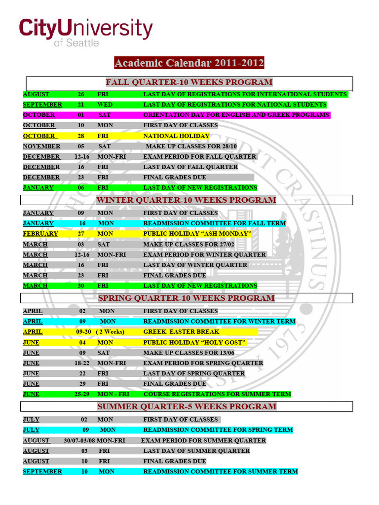 Academic Calendar 2011-2012 Overview | PDF