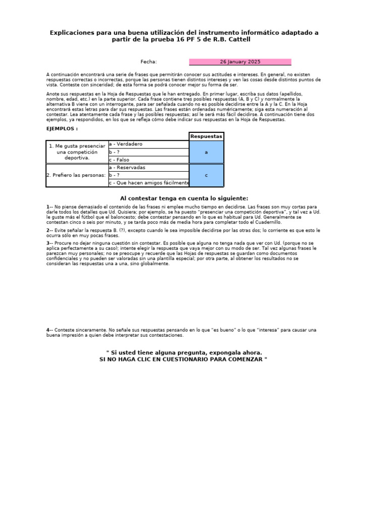 Instrucciones para Cuestionario 16 PF 5 | PDF