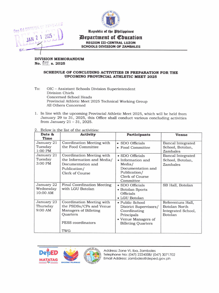 DM No. 033, s. 2025 - Schedule of Concluding Activities in Preparation for the Upcoming ...