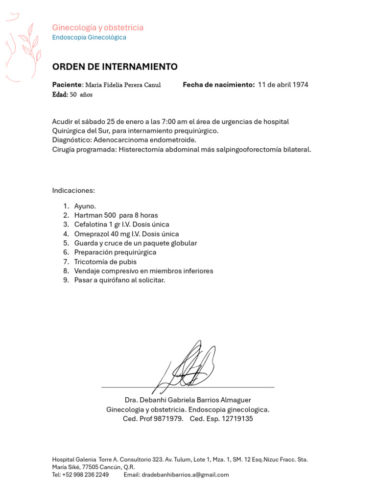 Orden de Internamiento Ginecológico | PDF