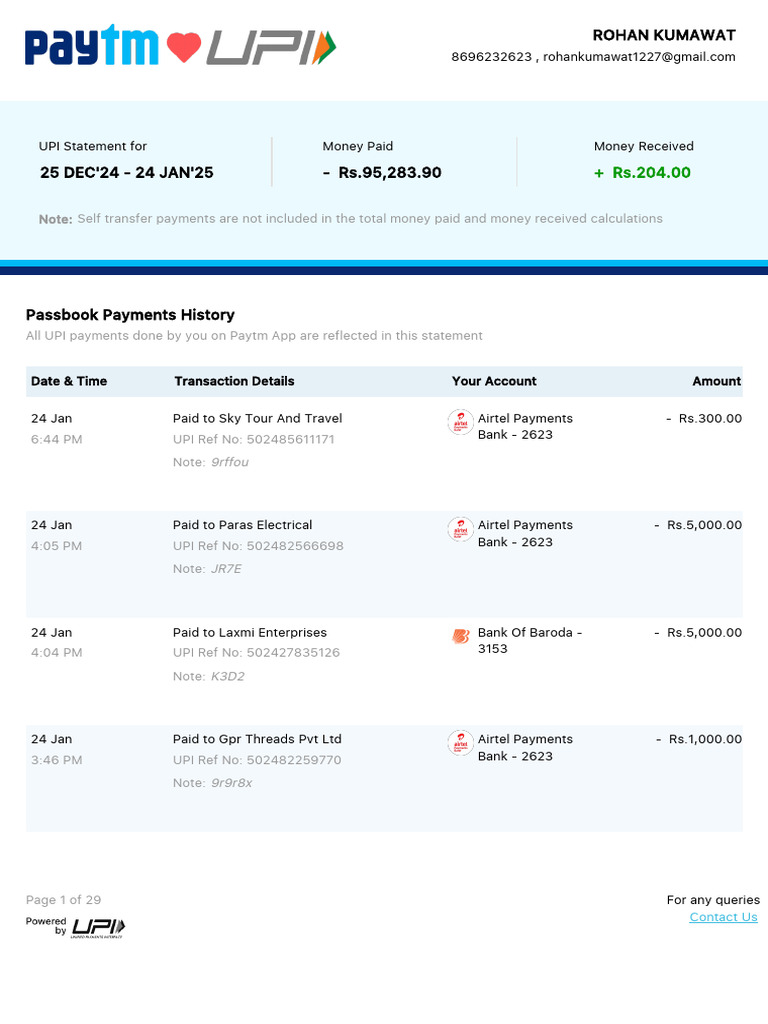 Paytm UPI Statement 25 Dec'24 - 24 Jan'25 | PDF | Banks | Payments