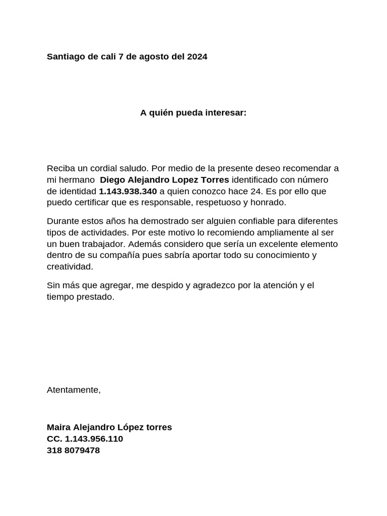 Carta de Recomendación Familiar | PDF