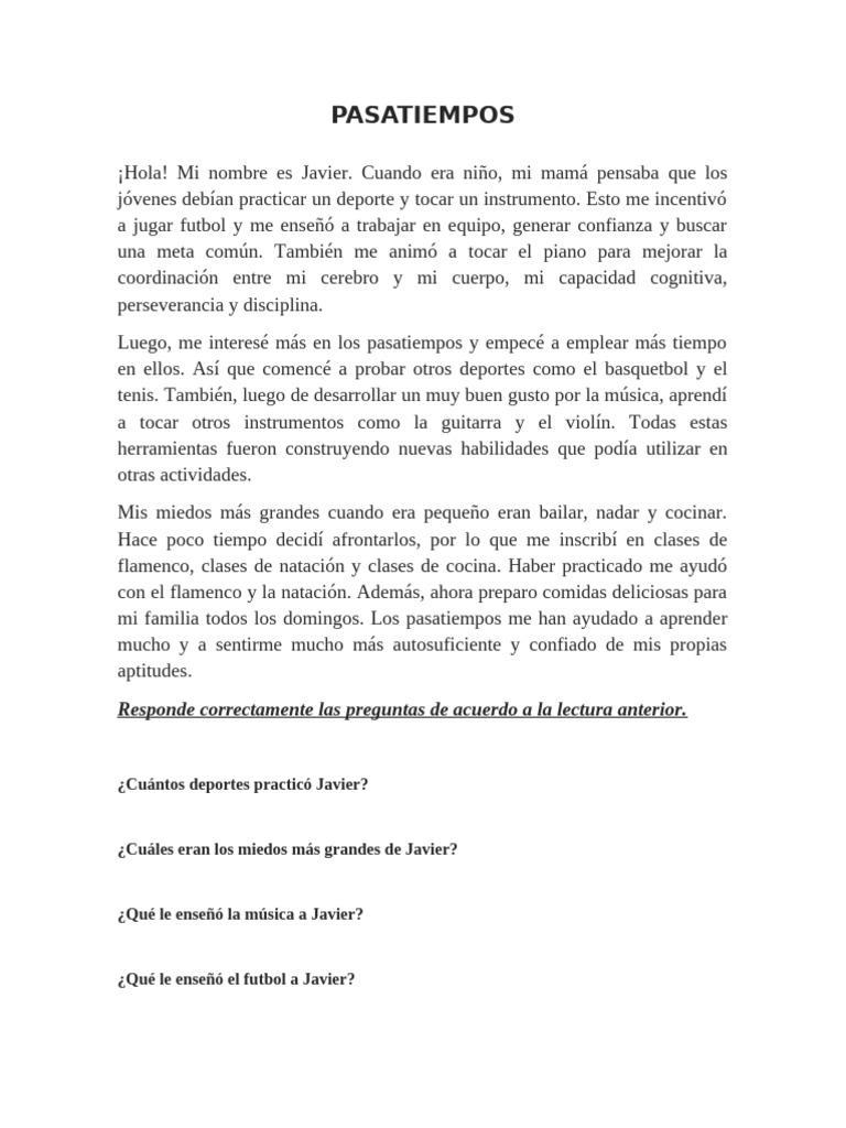 PASATIEMPOS Lectura de Comprensión Lectora | PDF