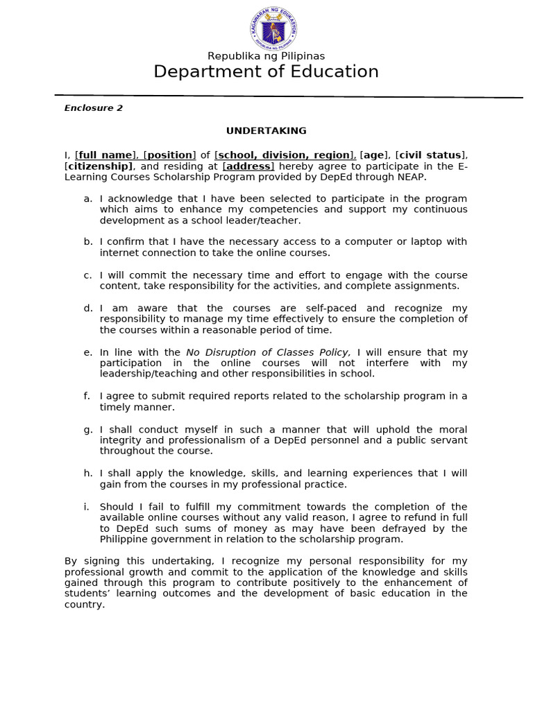 DepEd E-Learning Scholarship Undertaking | PDF | Educational Technology