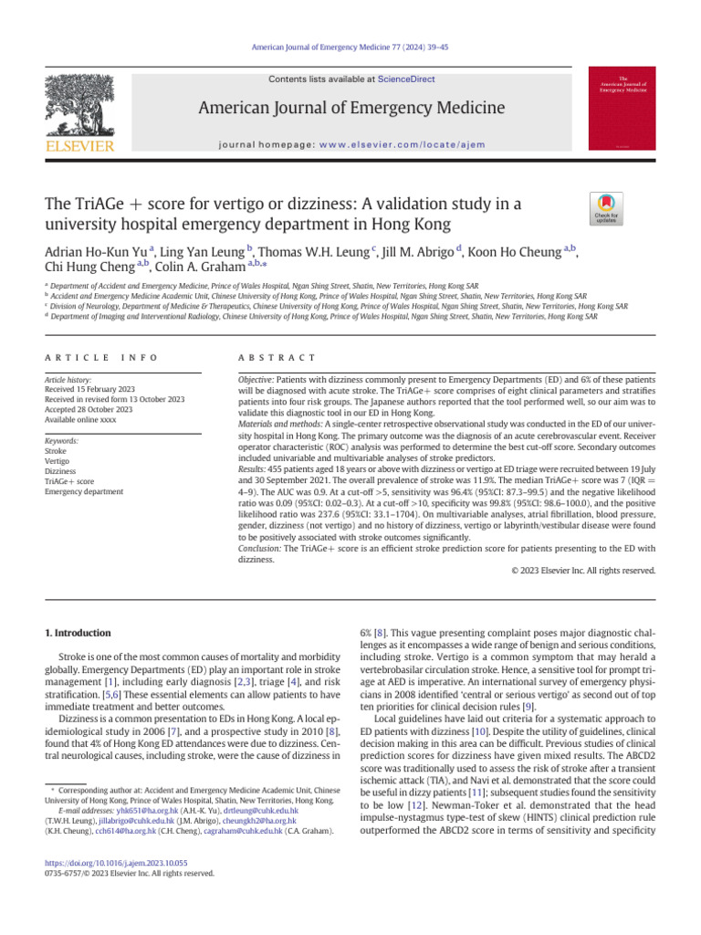 TriAGe + Score For Vertigo or Dizziness - Am J EM | PDF | Stroke | Vertigo