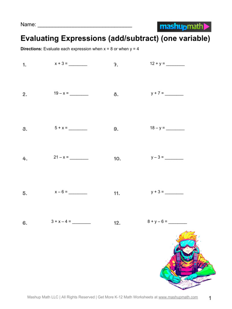 Evaluating+Expressions+ (Add Subtract) + (One+variable) + (A) | PDF