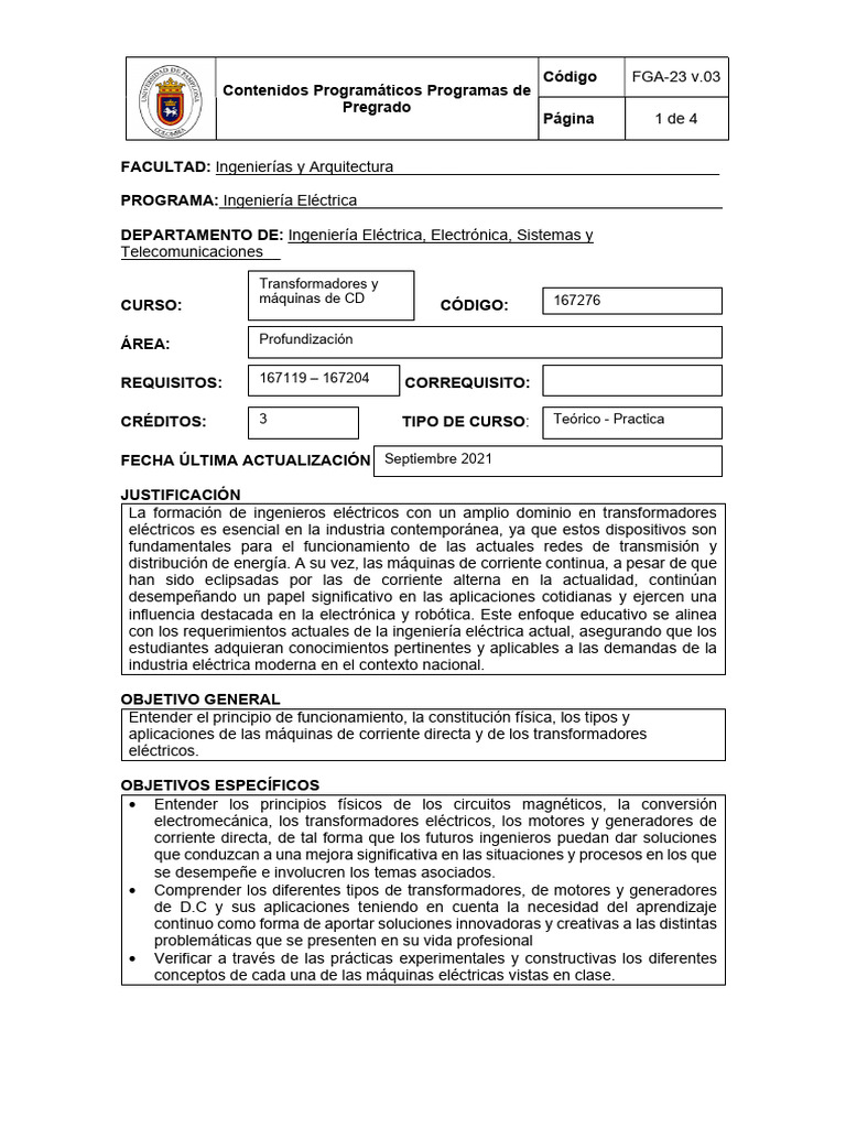 Contenidos Programaticos Semestre 6 Ing. Eléctrica-6-10 | PDF | Evaluación | Transformador