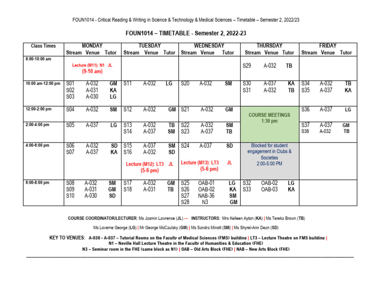 FOUN1014 Timetable - Semester 2, 2022-2023 - Jan 17 Version - Student | PDF | Teaching