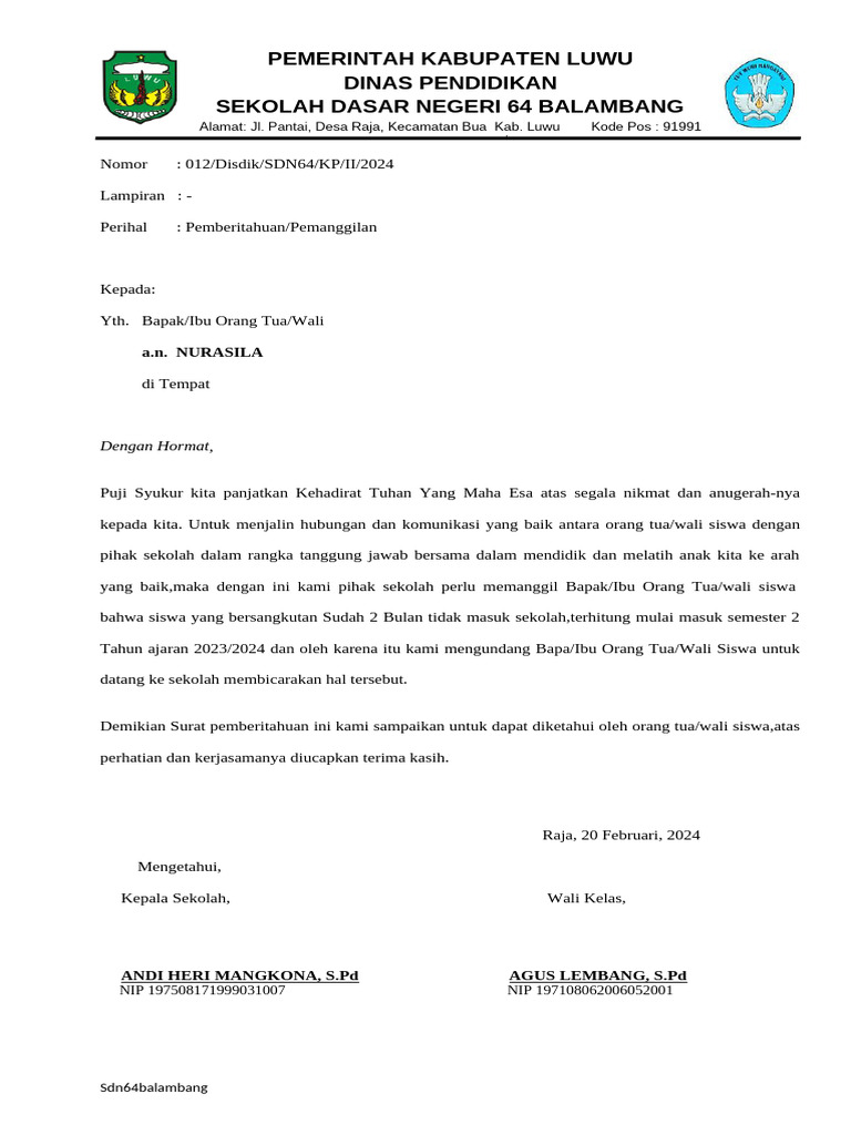 1-Contoh Surat Pemberitahuan Orang Tua Siswa | PDF