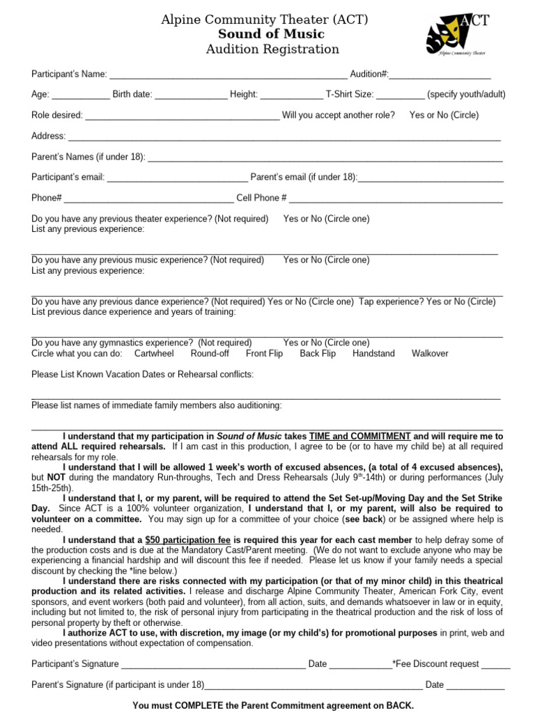 Sound of Music Audition Registration Form | PDF