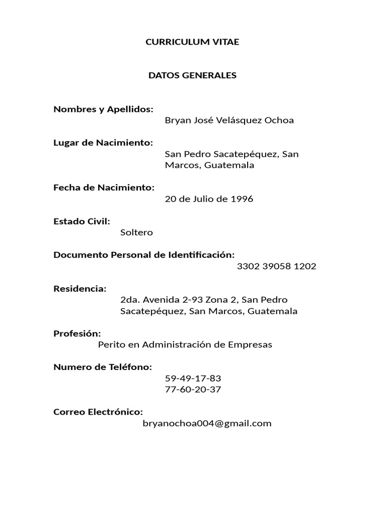 CV de Bryan Velásquez Ochoa | PDF