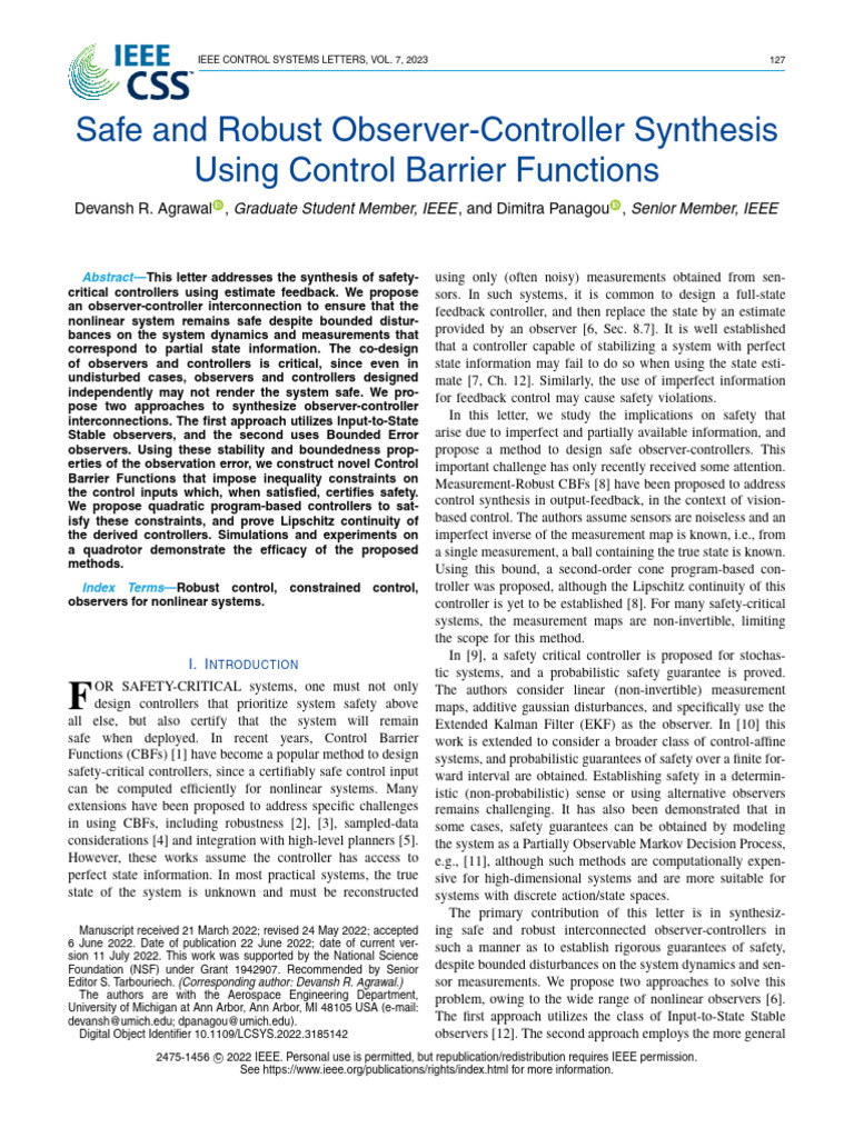 Safe and Robust Observer-Controller Synthesis Using Control Barrier Functions | PDF ...