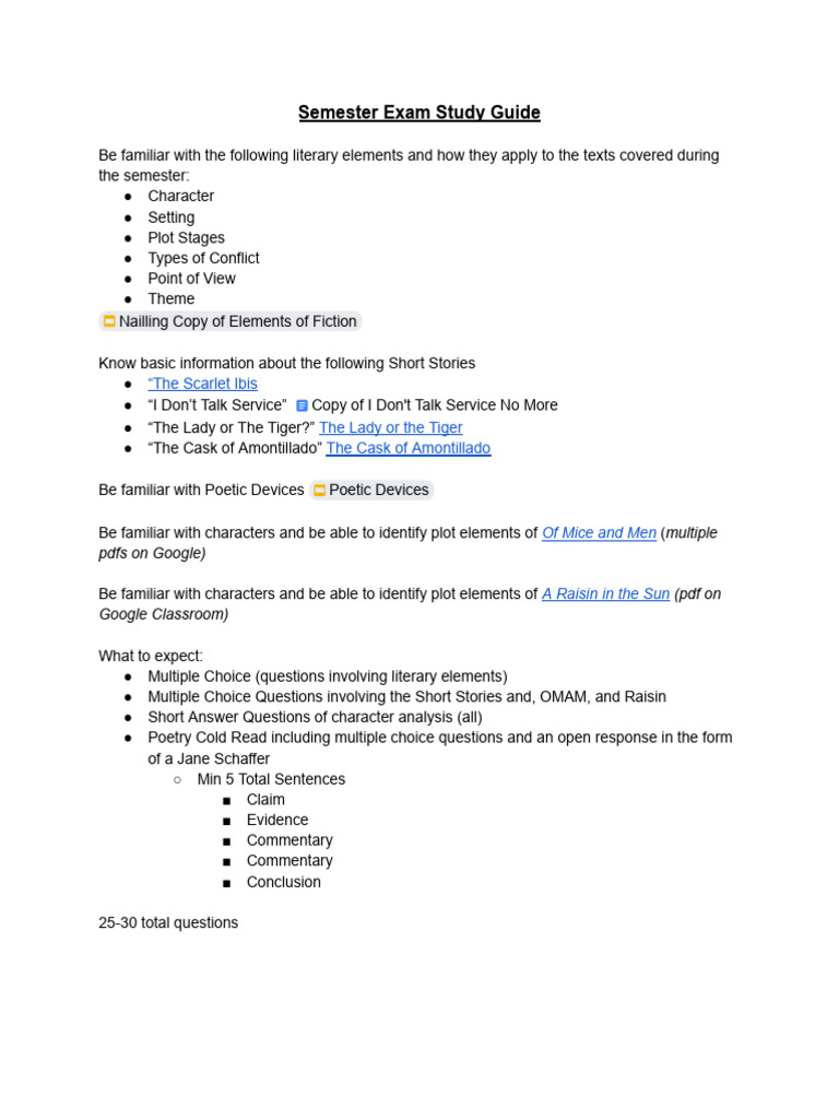 Honors English I Semester Exam Study Guide | PDF
