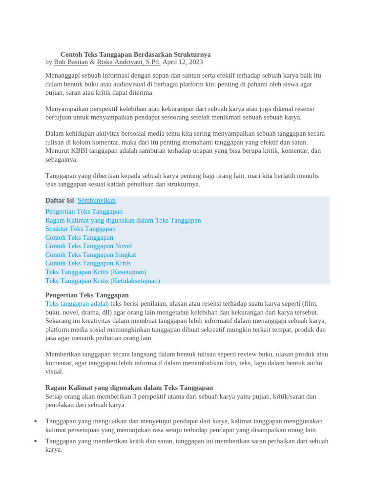 Contoh Teks Tanggapan Berdasarkan Strukturnya | PDF