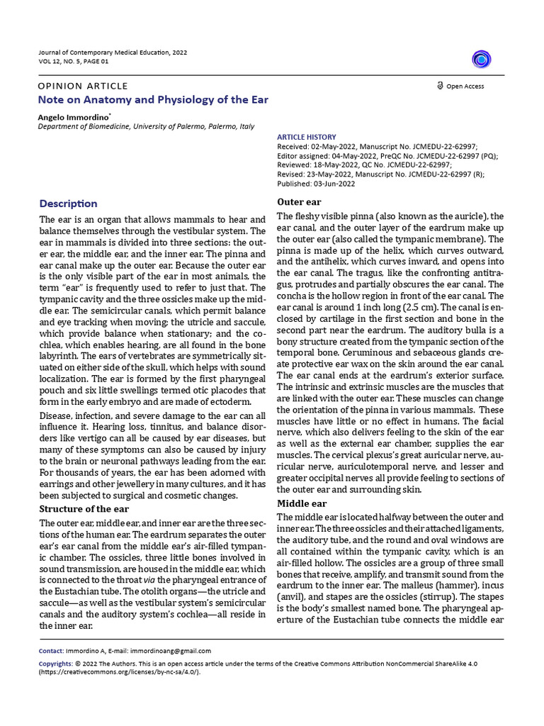Note On Anatomy and Physiology of The Ear | PDF | Ear | Auditory System
