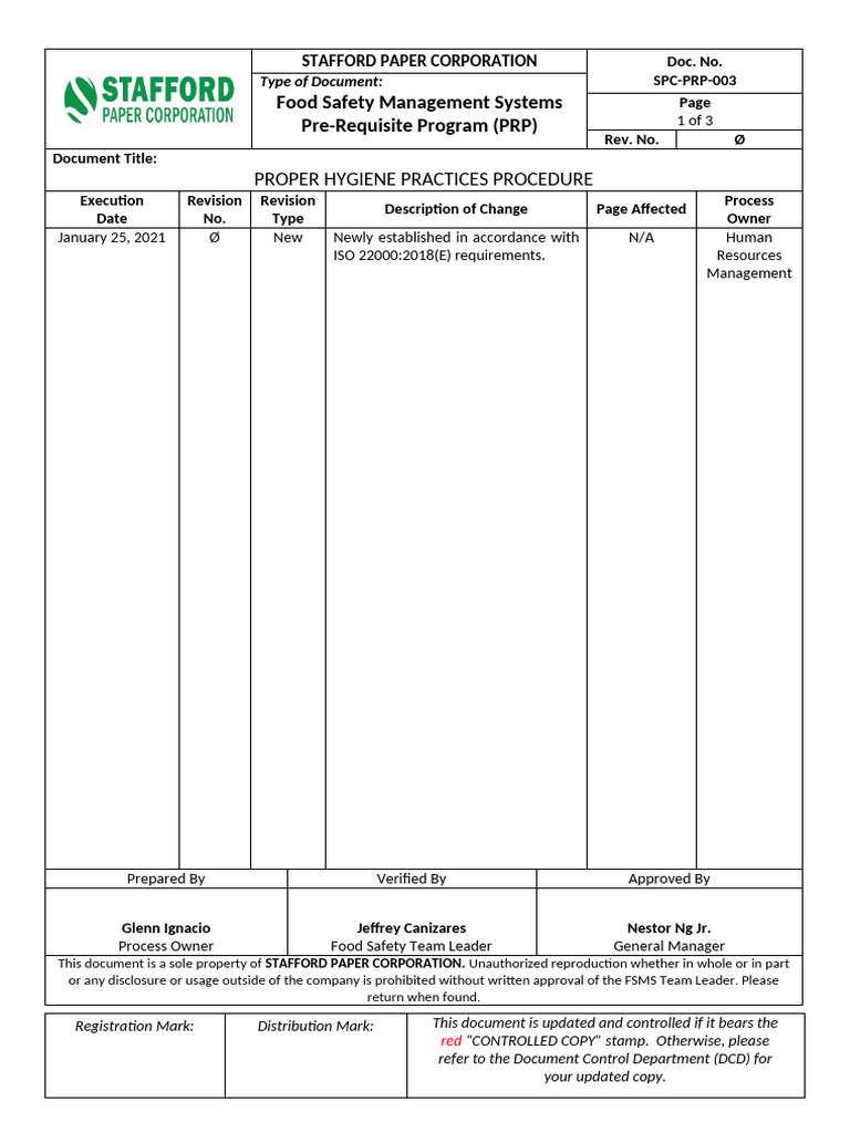 PRP-003 - Proper Hygiene Practices Procedure | PDF | Hand Washing | Hygiene