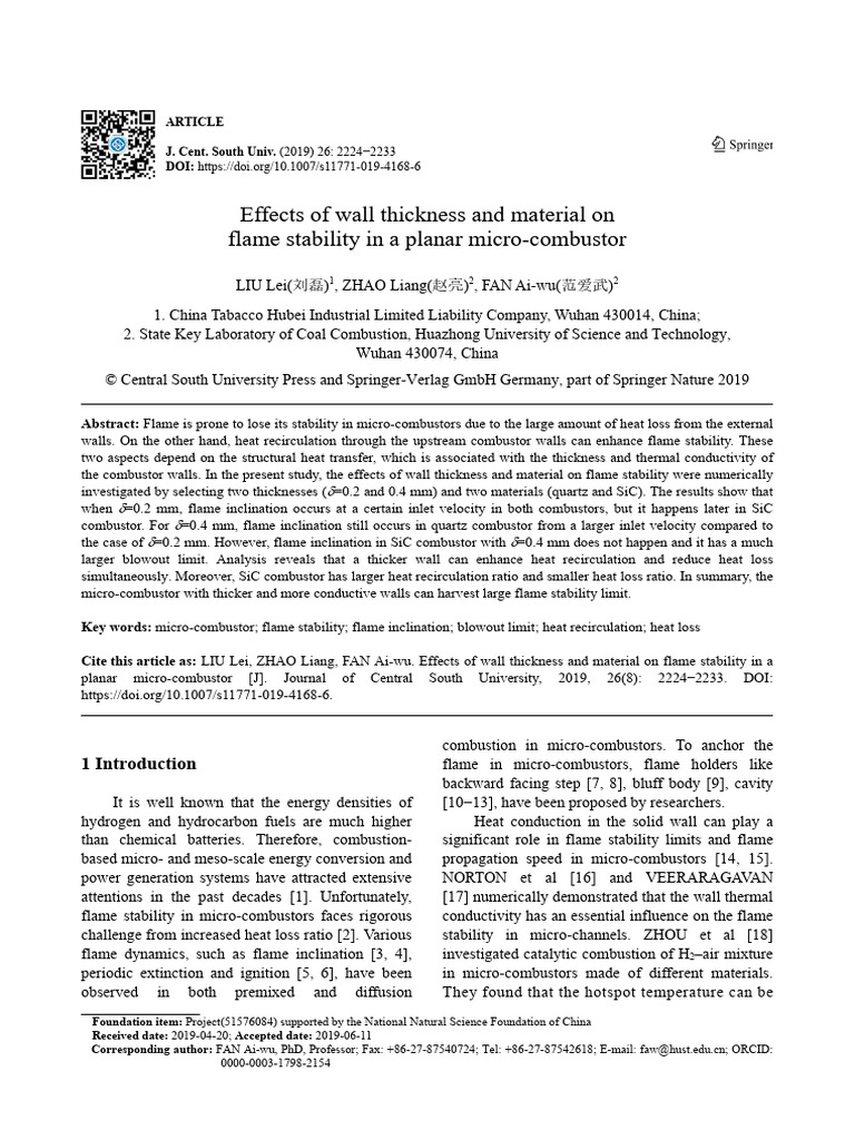 壁面厚度和材料对平板型微燃烧器中火焰稳定性的影响 | PDF | Combustion | Fluid Dynamics