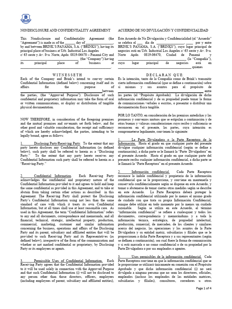Nda - Acuerdo de No Divulgación o Confidencialidad - Brinks Panama ...