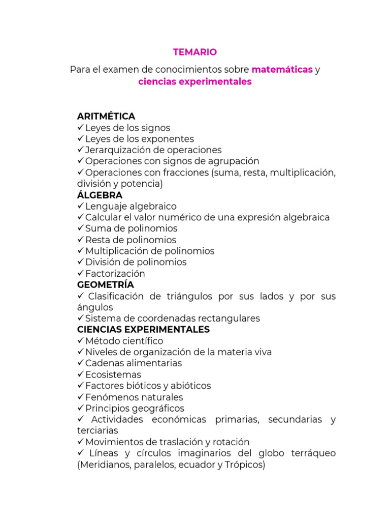 Temario Mate Ciencias - Exp 2024 | PDF