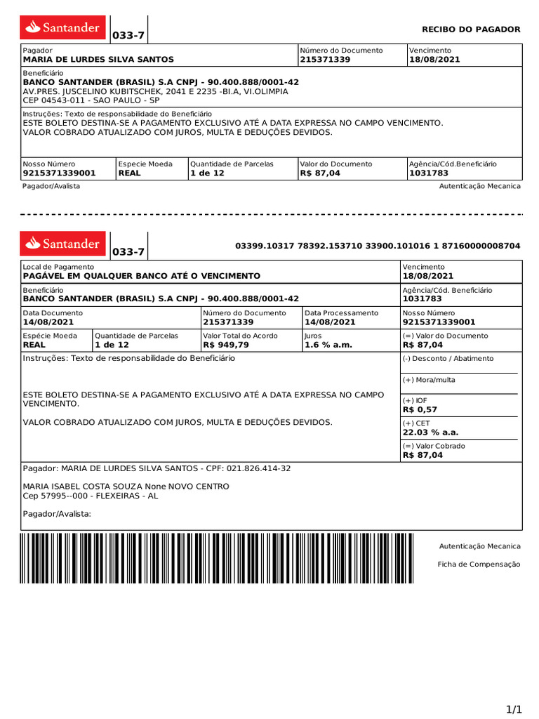 Recibo de Pagamento - R$ 87,04 | PDF | Finanças pessoais | Serviços ...