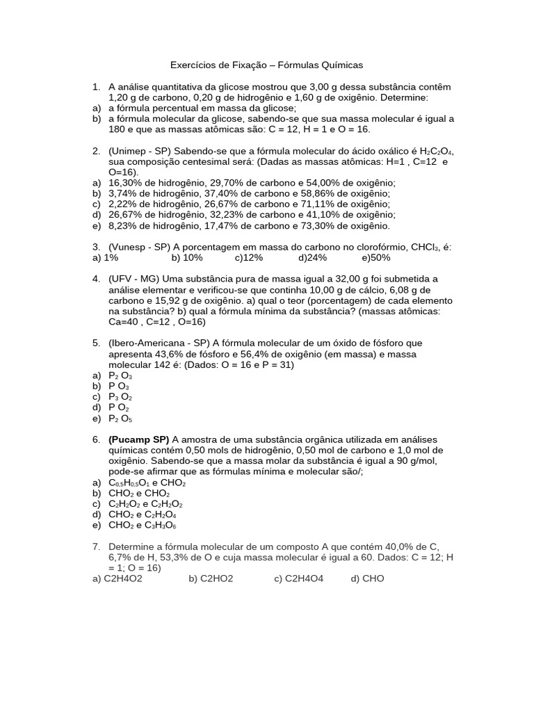 Exercícios de Fórmulas Químicas | PDF