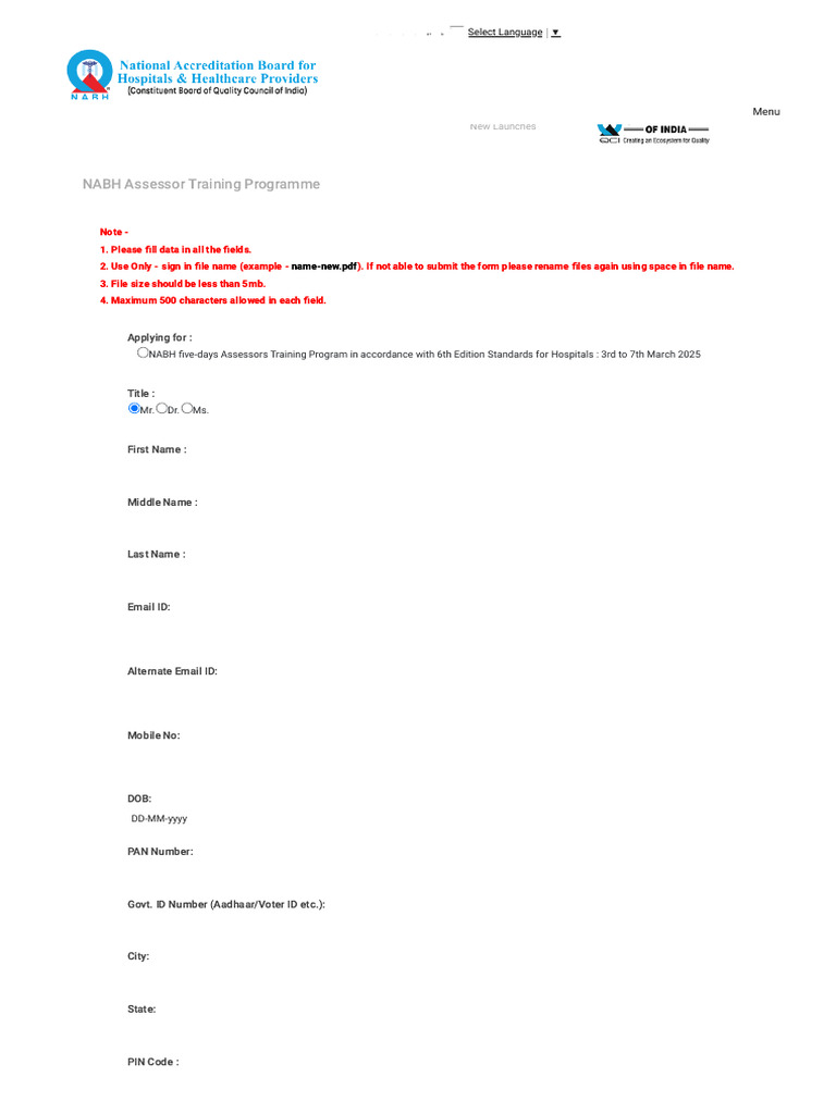 NABH Assessor Training Application Form | PDF