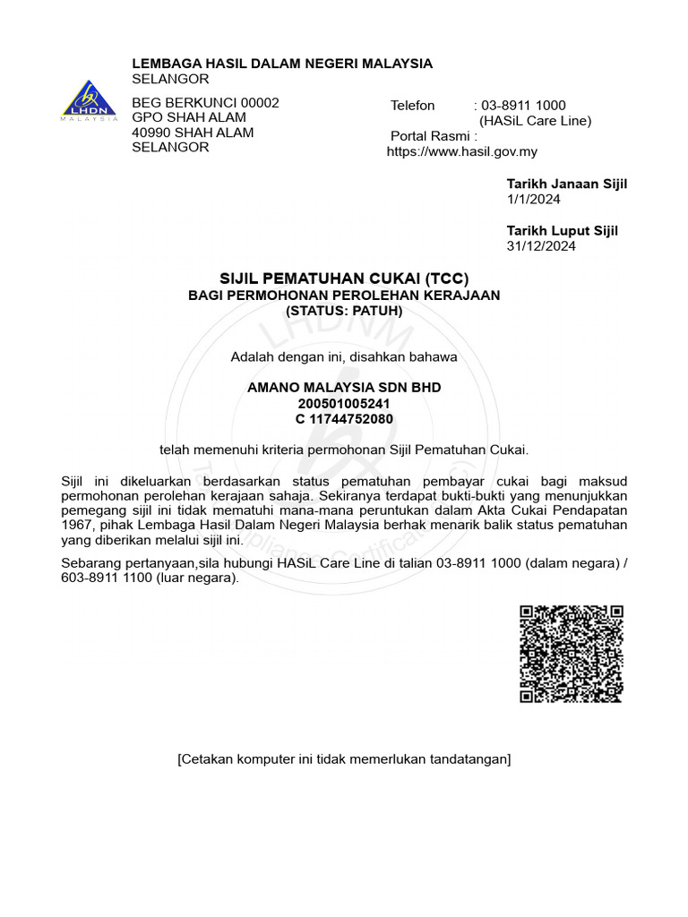 Amano Sijil Pematuhan Cukai LHDN | PDF