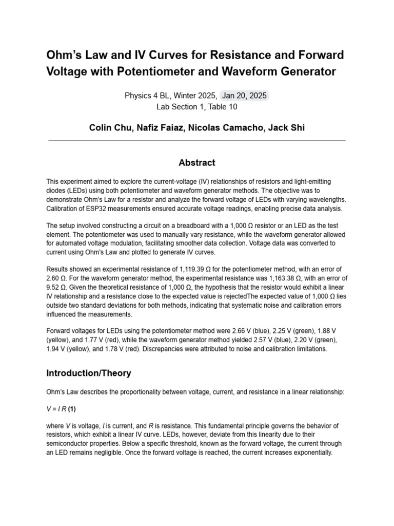 Unit 1 Lab Report (Section 1, Table 10) | PDF | Resistor | Amplitude