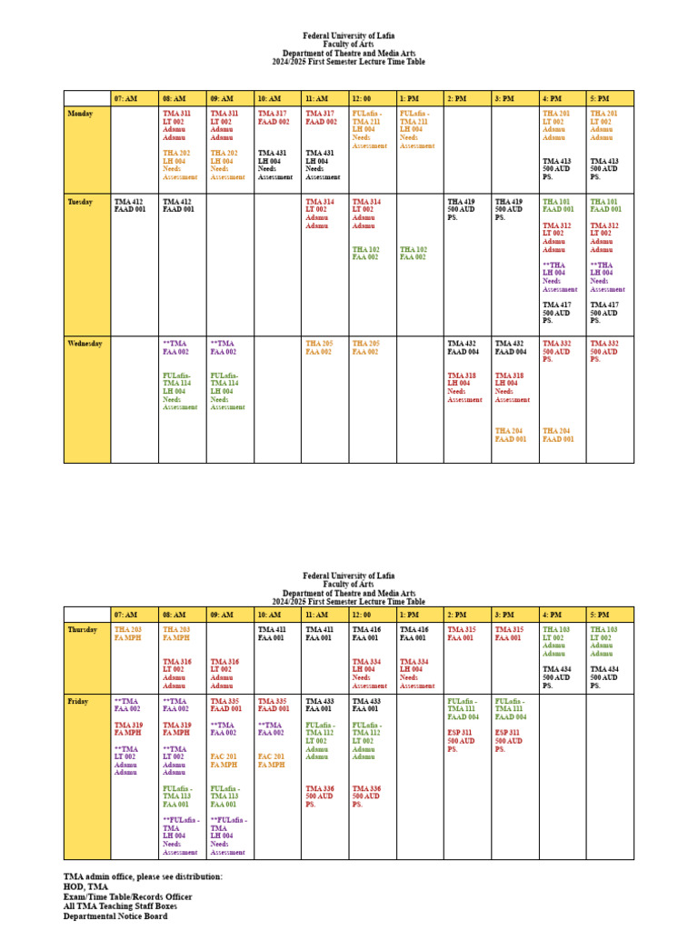 2025 FIRST SEMESTER TIME TABLE - Revised | PDF