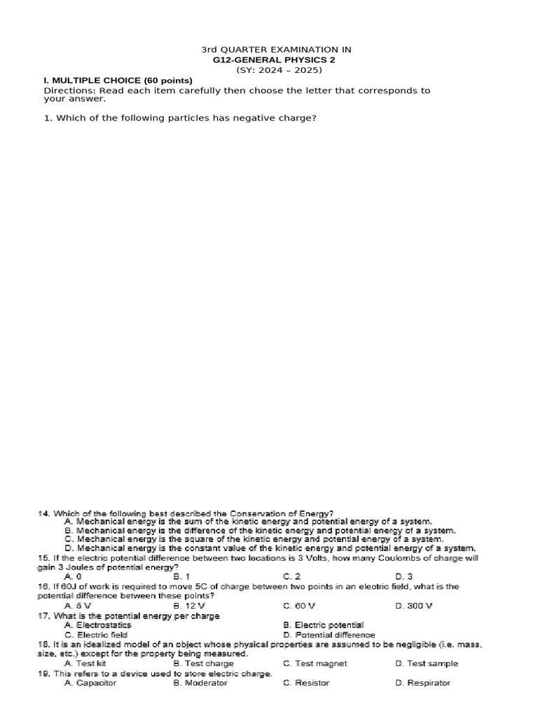 G12 General Physics 2: 3rd Quarter Exam | PDF | Capacitance | Series ...
