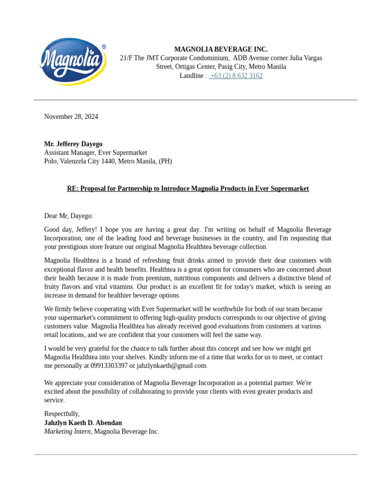 Magnolia Beverage Inc - Proposal Letter To Ever | PDF | Drink | Supermarket