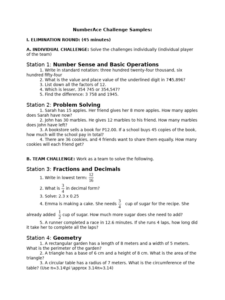 NumberAce Chalenge Samples Elimination 1 | PDF | Area | Geometry