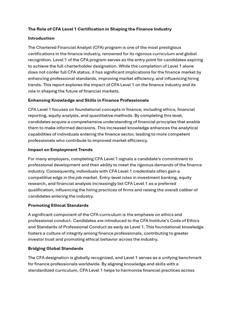 The Role of CFA Level 1 Certification in Shaping The Finance Industry ...