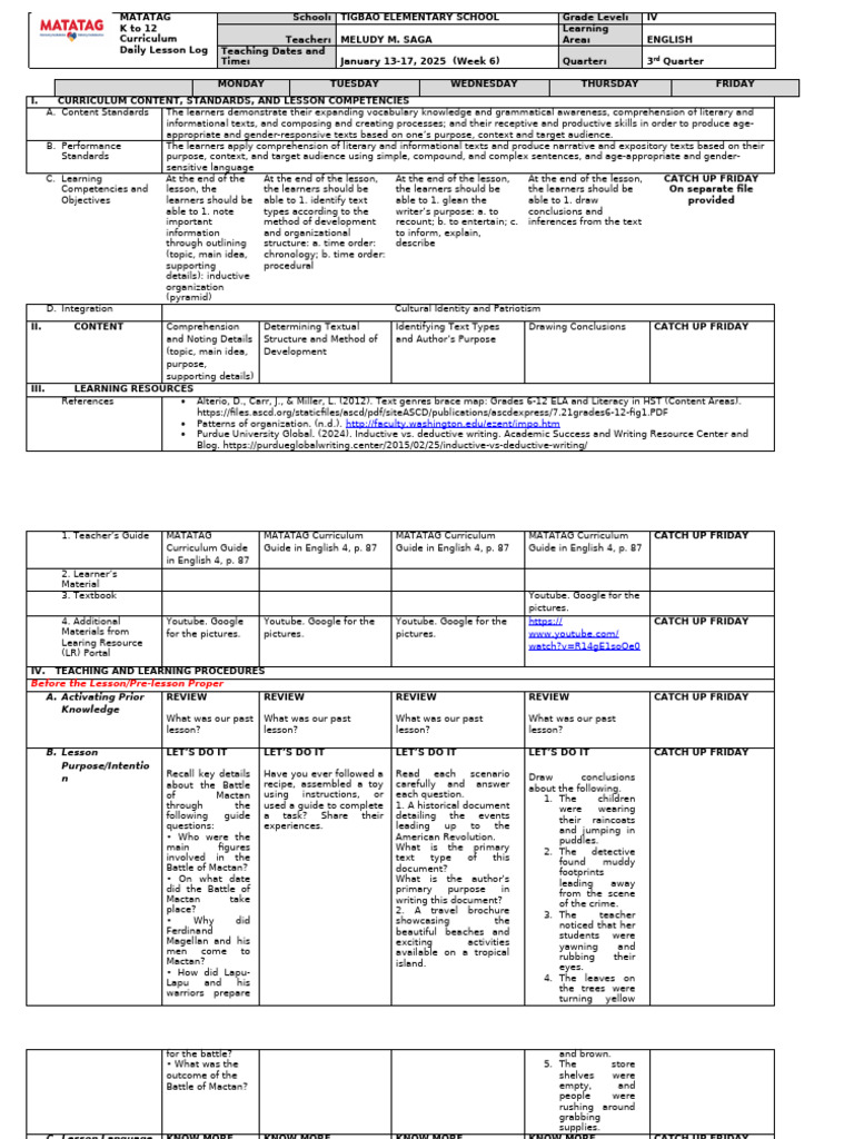 Grade 4 English Lesson Plan | PDF | Reading Comprehension | Curriculum