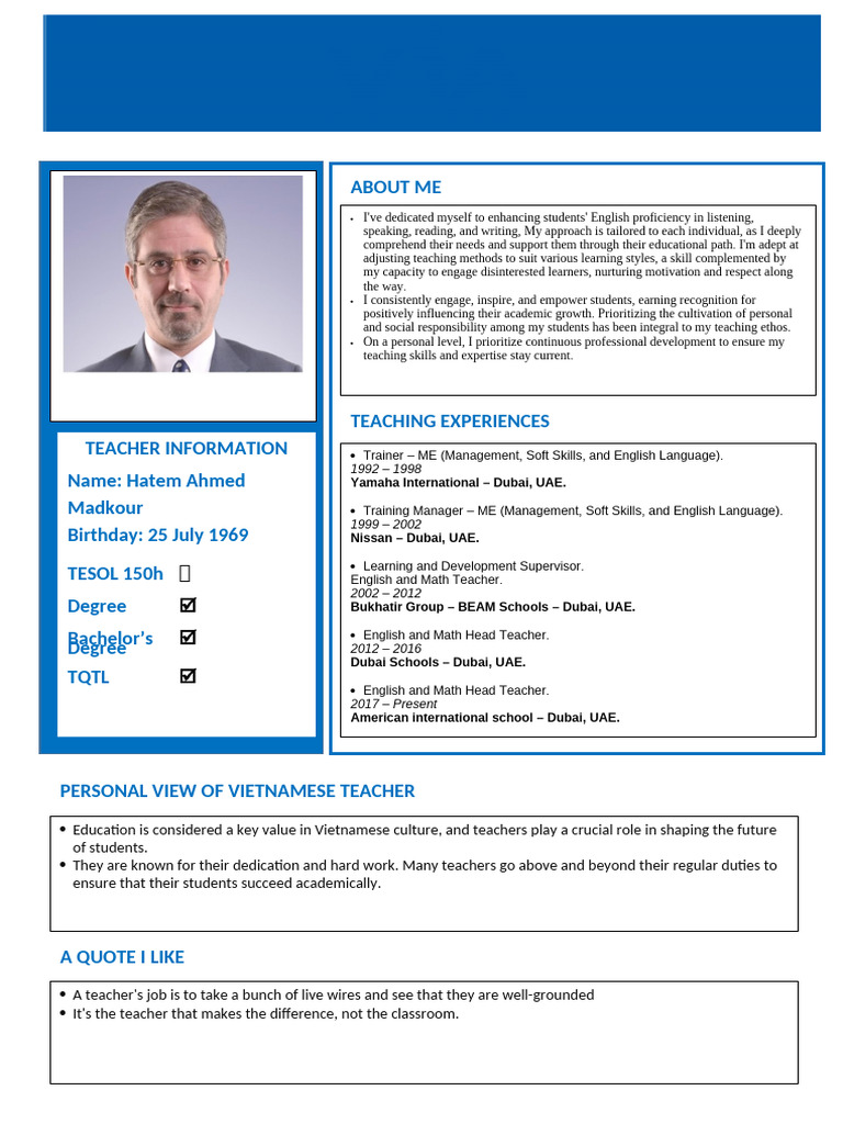 VIA Teacher Profile Template | PDF | Teachers | English As A Second Or ...