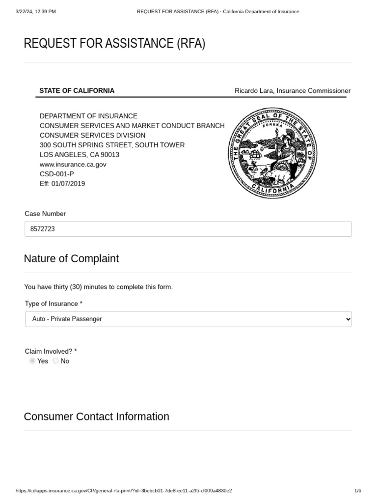 REQUEST For ASSISTANCE (RFA) California Department of Insurance | PDF ...
