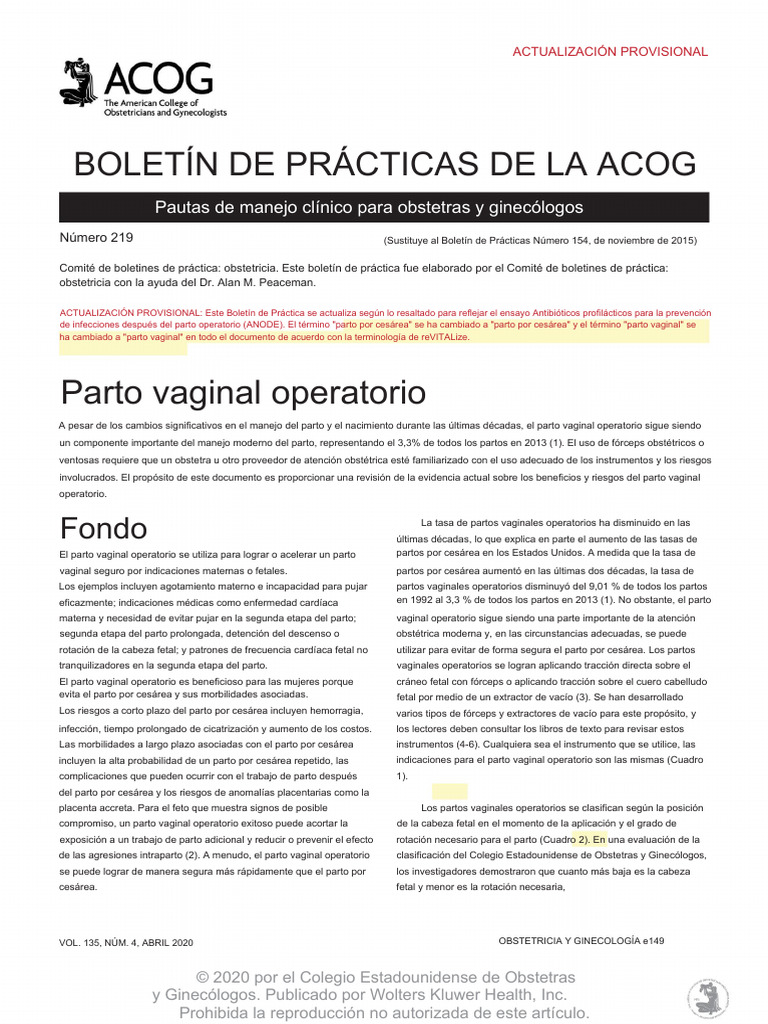 Operative Vaginal Birth - ACOG Practice Bulletin, Number 219 | PDF ...