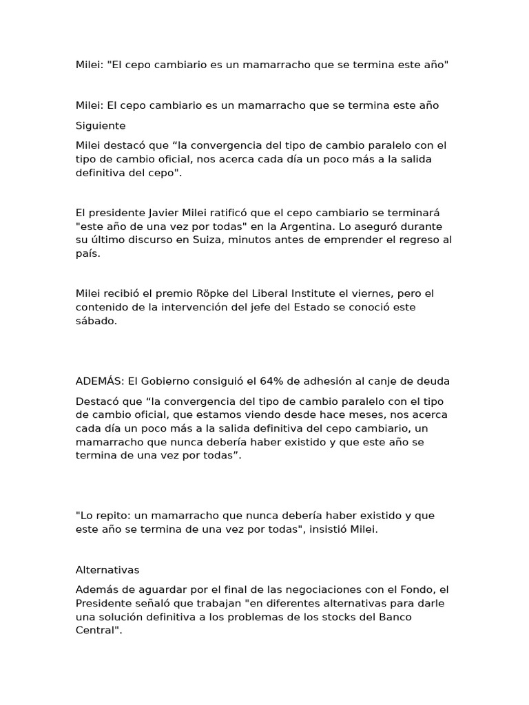 Milei: Fin del cepo cambiario en 2023 | PDF