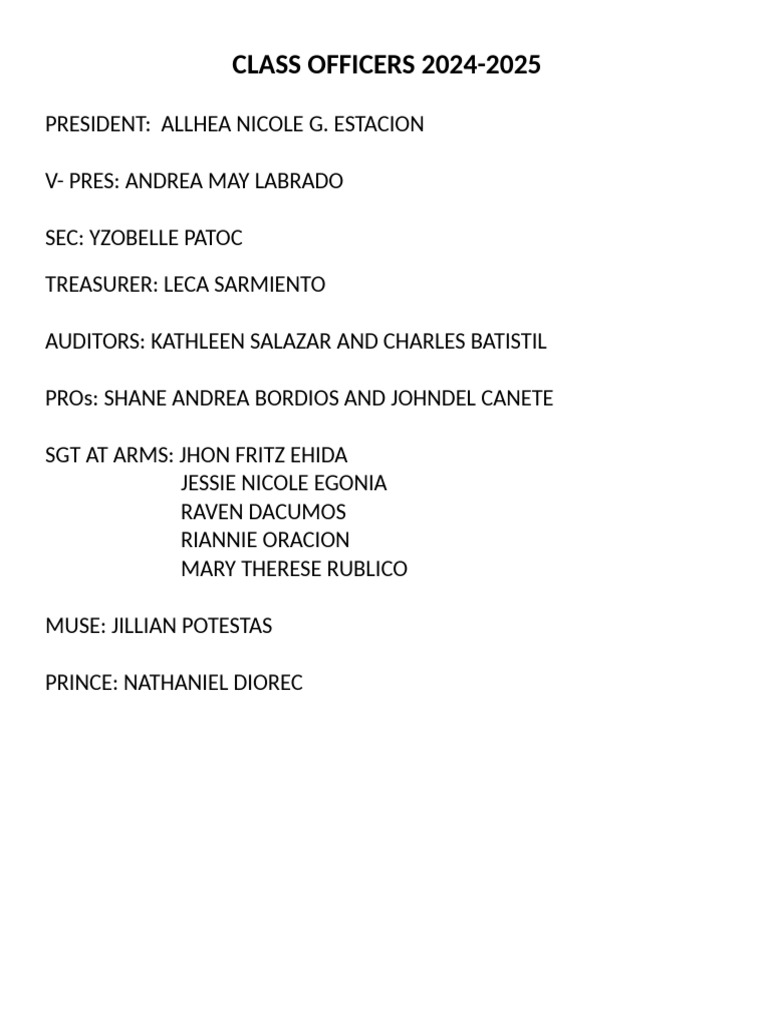 Class Officers 2024-2025 | PDF
