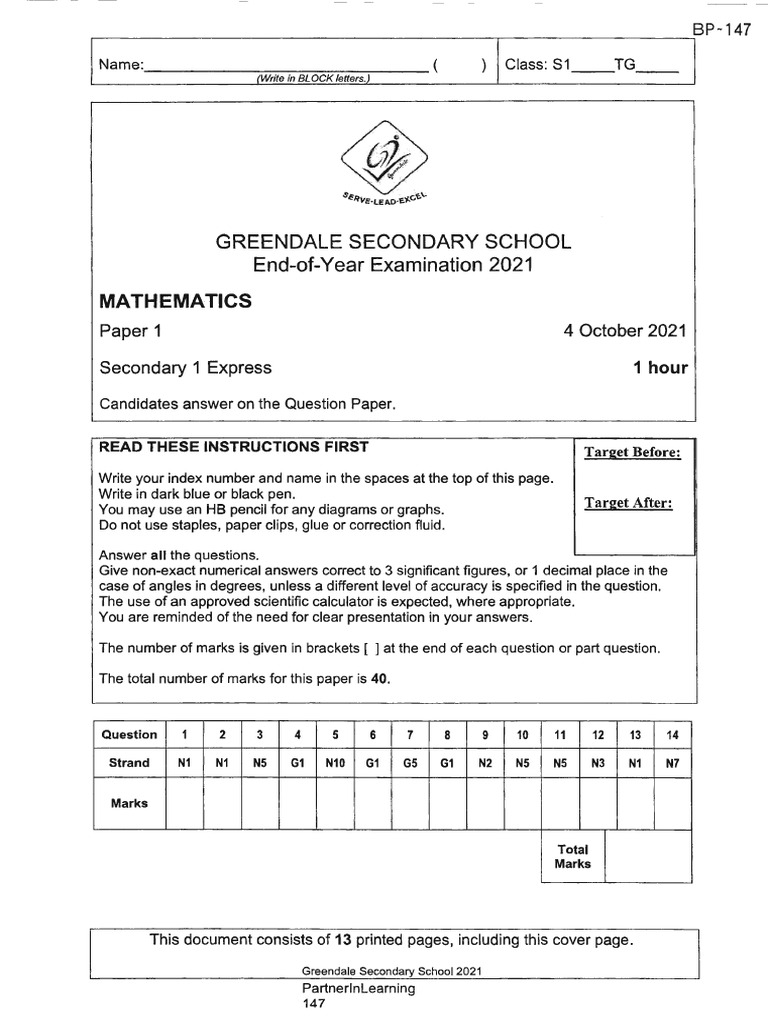 Math - Sec 1 - SA 2 - 2021 - Greendale Sec | PDF | Area | Cartesian ...