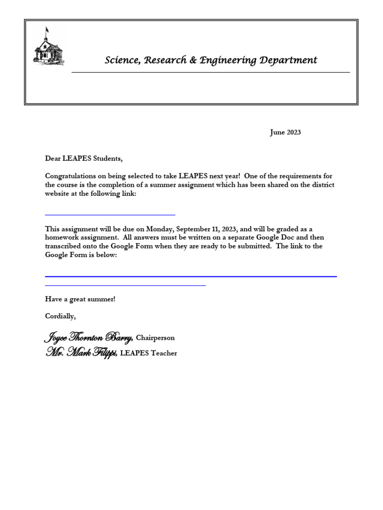 Summer Assignment Letter | PDF