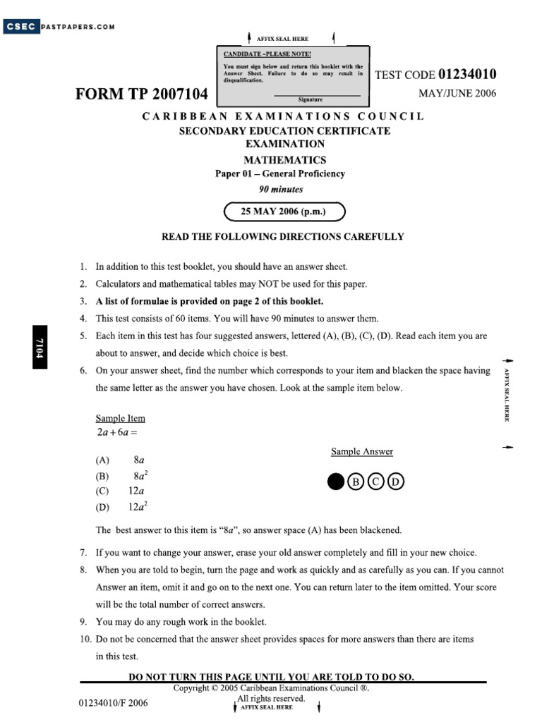 2006 May - CXC Mathematics (Paper 1) | PDF
