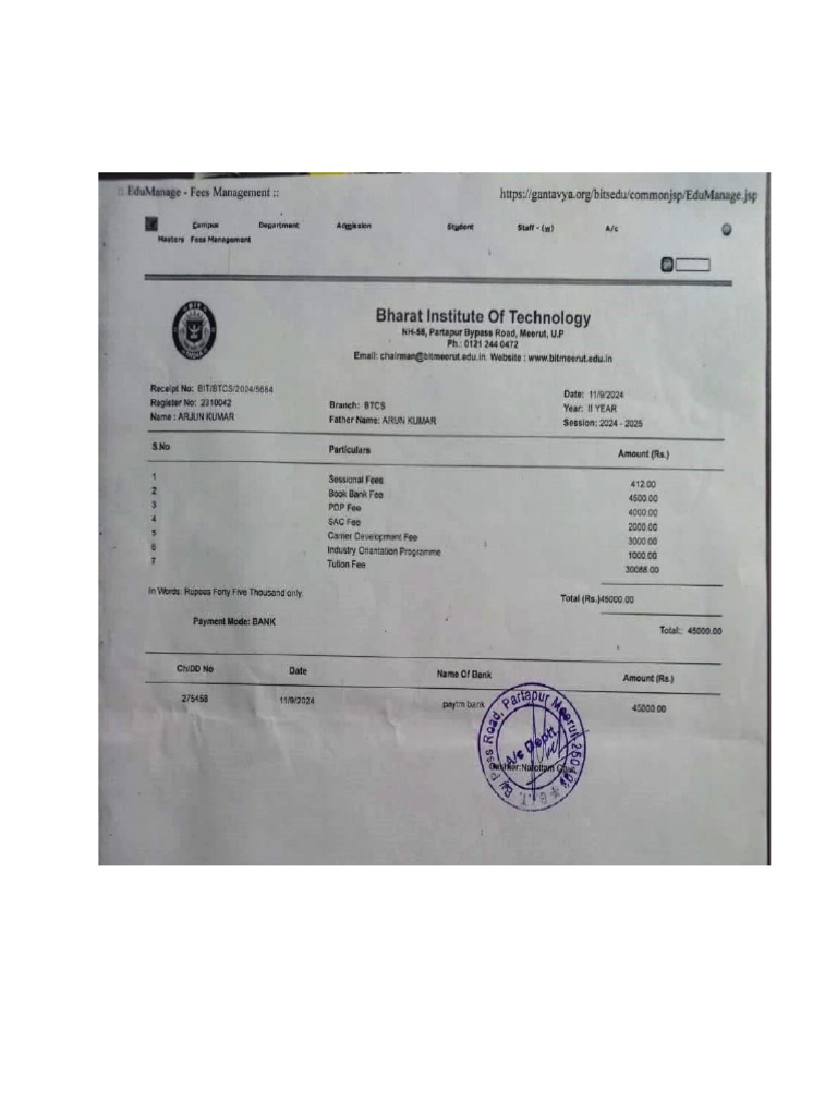 Arjun 2nd year fee slip | PDF