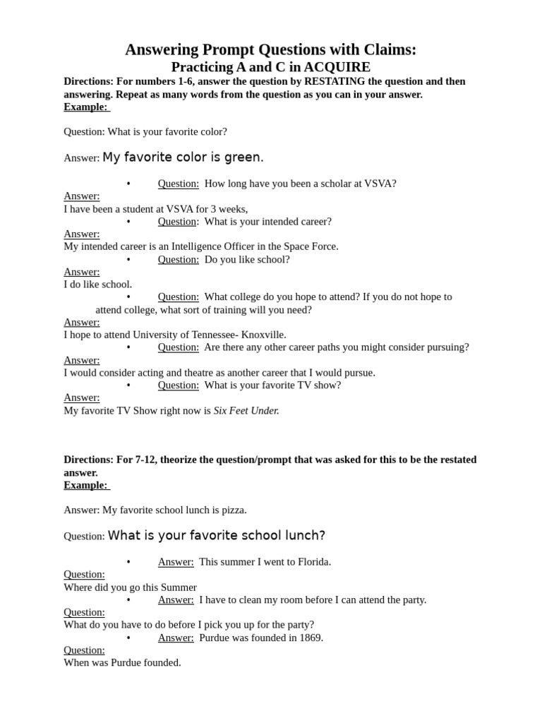 Answering Prompt Questions with Claims | PDF